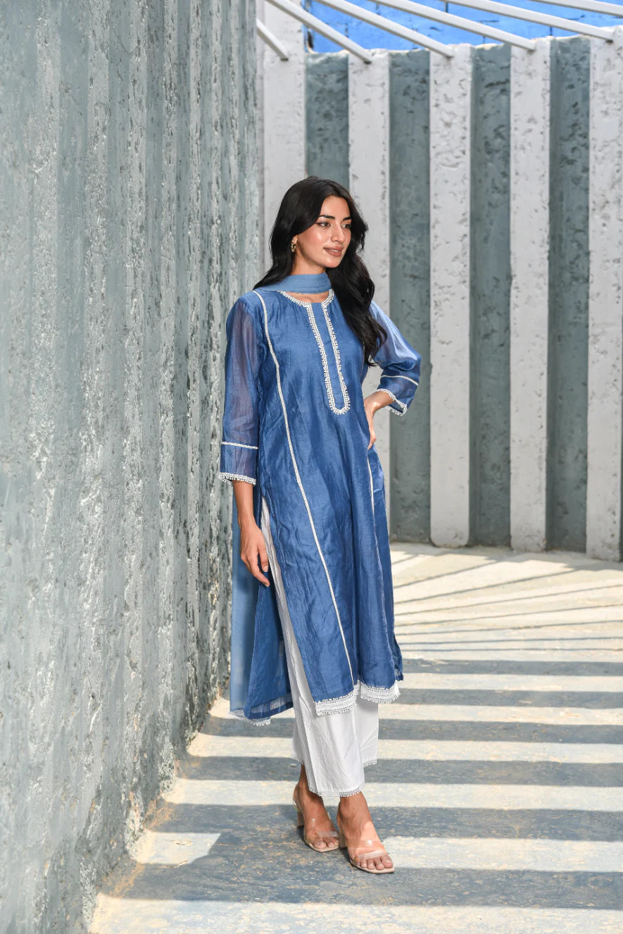 Intergenerational Ethnic | Steel Blue Chanderi Kurta Set