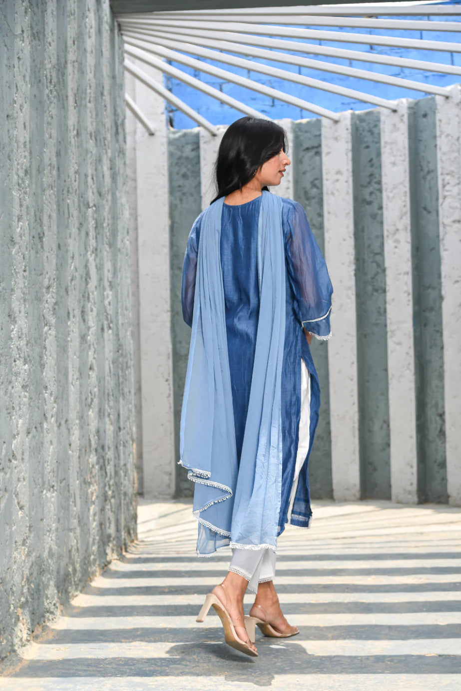 Neckline Design Guide | Steel Blue Chanderi Scoop Neck